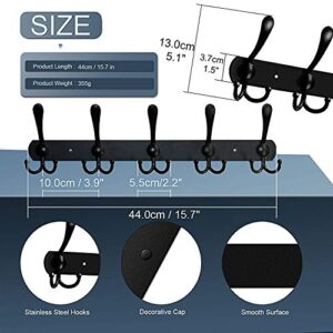 ANEDER Coat Rack Wall Mount Wall Hooks Hat Rack Adhesive Wall Hooks Rail Heavy Duty Wall Rack with 5 Tri Hooks for Coat Hat Towel Purse Robes (Black, 2 Packs)