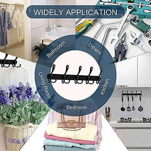 ANEDER Coat Rack Wall Mount Wall Hooks Hat Rack Adhesive Wall Hooks Rail Heavy Duty Wall Rack with 5 Tri Hooks for Coat Hat Towel Purse Robes (Black, 2 Packs)