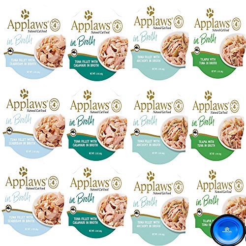 Applaws Cat Food in Broth Pots Variety Bundle Pack -Tuna Lovers Variety Pack 4 Flavors - 2.12 Ounces Each (12 Total) W/Hotspot Pets Collapsible Bowl