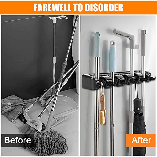 Feir Mop Broom Holder Wall Mounted Kitchen Hanging Garage Utility Tool Organizers and Storage Rack For Commercial Bathroom Laundry Room Closet Gardening (Black)