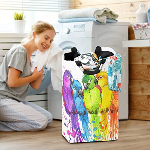 DOMIKING Laundry Storage Basket Collapsible Organizer - Funny Parrots Laundry Hamper for Kids Room Dirty Cloth Toy Dorm Bag with Handle