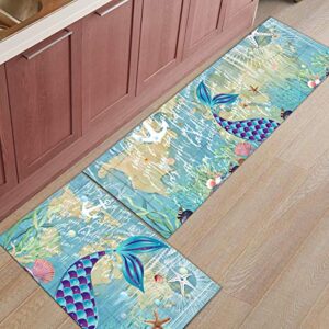 Z&L Home Anti Fatigue Kitchen Rug Sets 2 Piece Floor Mats Non-Slip Rubber Backing Area Runners Nautical Map Doormat Mermaid Tail Indoor Washable Carpet Door Mat Pad