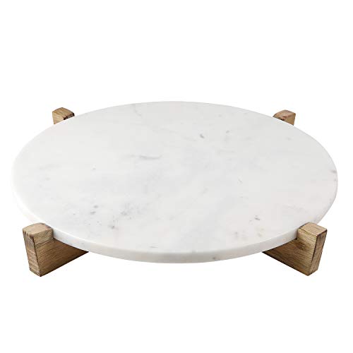 Santa Barbara Design Studio Table Sugar Marble Serving Tray with Mango Wood Stand, 14" Diameter, White