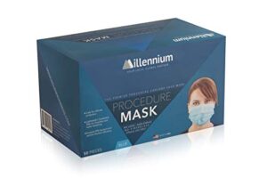 millennium disposable 3-layer breathable ear-loop face mask, made in usa, latex free with adjustable nose stripe, box of 50