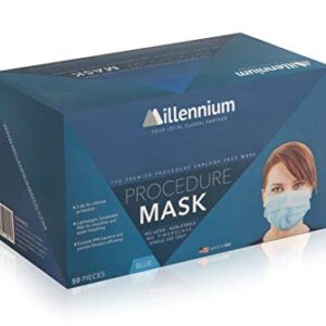 Millennium Disposable 3-Layer Breathable Ear-Loop Face Mask, Made in USA, Latex Free with Adjustable Nose Stripe, Box of 50