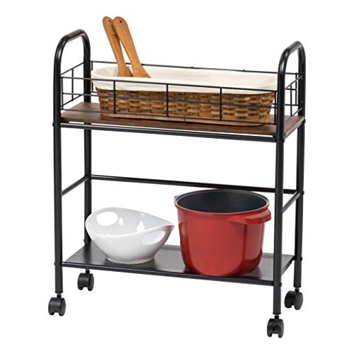 IRIS USA 2-Tier Kitchen Storage Rolling Cart with Lockable Caster Wheels, Coffee Cart, Pantry Rack, Home Bar, Serving Cart, Slim, Rustic Brown