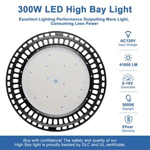 YELLORE 300W UFO LED High Bay Light, Lighting for Warehouse, 41,000lm 1200W MH/HPS Equivalent, 5000K Daylight Dimmable, IP65 Waterproof UL/DLC Approved, 100-277V Super Bright