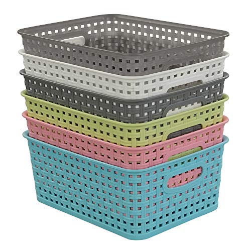 Rinboat Mixed Color Rectangle Storage Baskets, Plastic Weave Shelf Baskets, 6 Packs