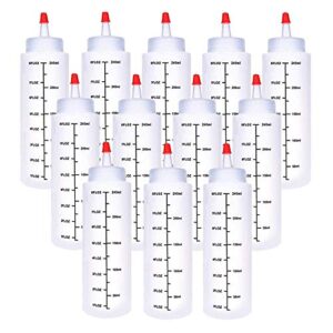 12 pack 8oz/240ml plastic squeeze bottles,scale plastic squirt bottle,polyethylene durable plastic with red tip cap and black scale for ketchup,sauces,syrup,dressings,bbq,crafts and more