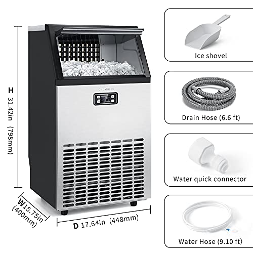 CROWNFUL Commercial Ice Maker 100Lbs/24H, Stainless Steel Ice Machine with 33Lbs Ice Storage Capacity, Free-Standing Under Counter Ice Maker, Ideal for Home, Office, Restaurant, Bar, Coffee Shop