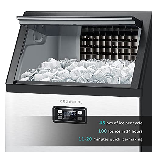 CROWNFUL Commercial Ice Maker 100Lbs/24H, Stainless Steel Ice Machine with 33Lbs Ice Storage Capacity, Free-Standing Under Counter Ice Maker, Ideal for Home, Office, Restaurant, Bar, Coffee Shop