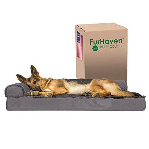 Furhaven XL Orthopedic Dog Bed Plush & Velvet L Shaped Chaise w/ Removable Washable Cover - Platinum Gray, Jumbo (X-Large)