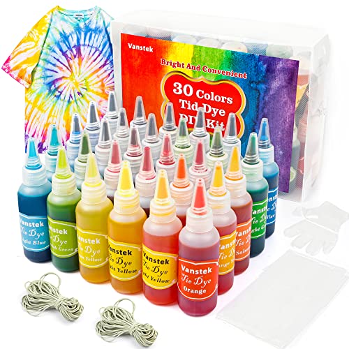 Vanstek 30 Colors Tie Dye Kit, Tie Dye Shirt Fabric Dye for Women, Kids, Men, with Rubber Bands, Gloves, Plastic Film and Table Covers for Family Friends Groups Party Supplies