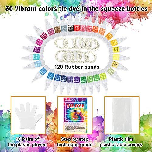 Vanstek 30 Colors Tie Dye Kit, Tie Dye Shirt Fabric Dye for Women, Kids, Men, with Rubber Bands, Gloves, Plastic Film and Table Covers for Family Friends Groups Party Supplies