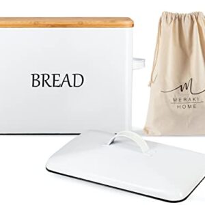 EXTRA LARGE Bread Box with 2 Lids - Metal & Bamboo Lid - White Metal Bread Box for Kitchen Countertop - Holds 2+ Loaves - Farmhouse Bread Box - Bread Storage Ventilation Holes - XXL Bread Bag