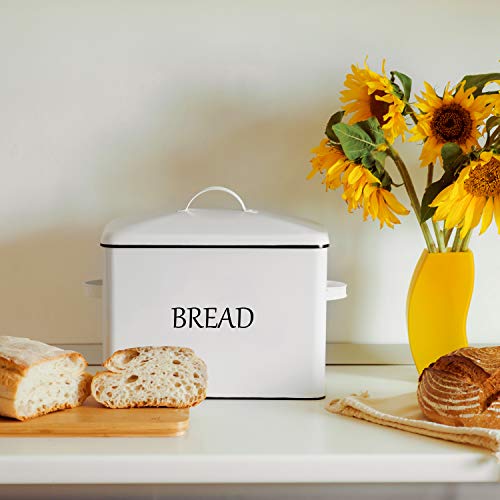 EXTRA LARGE Bread Box with 2 Lids - Metal & Bamboo Lid - White Metal Bread Box for Kitchen Countertop - Holds 2+ Loaves - Farmhouse Bread Box - Bread Storage Ventilation Holes - XXL Bread Bag