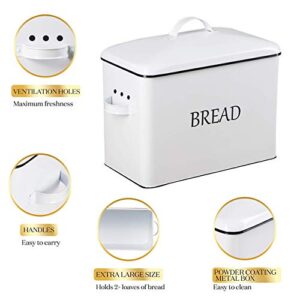 EXTRA LARGE Bread Box with 2 Lids - Metal & Bamboo Lid - White Metal Bread Box for Kitchen Countertop - Holds 2+ Loaves - Farmhouse Bread Box - Bread Storage Ventilation Holes - XXL Bread Bag