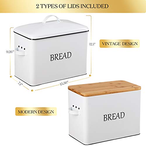 EXTRA LARGE Bread Box with 2 Lids - Metal & Bamboo Lid - White Metal Bread Box for Kitchen Countertop - Holds 2+ Loaves - Farmhouse Bread Box - Bread Storage Ventilation Holes - XXL Bread Bag