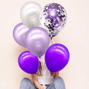 72pcs Purple Balloons Assorted Latex Purple Confetti White Balloons for Wedding Birthday Graduation Party Decorations