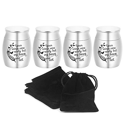 Silver Beautiful Small Mini Keepsake Urn for Human Ashes - Set of 4 - with 4 Pcs Velvet Bag - Your Wings were Ready My Heart was Not (4 pc Cremation Urn)