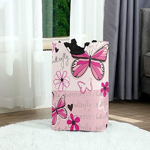 ALAZA Large Laundry Basket Pink Butterfly Laundry Bag Hamper Collapsible Oxford Cloth Stylish Home Storage Bin with Handles, 22.7 Inch