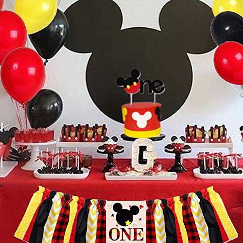 Mickey Mouse Party Supplies - Boys 1st Birthday Party Supplies Pack, Includes a Mickey Themed Birthday Banner, a Hand Made High Chair Banner, a Birthday Cake Topper, 15 Latex Balloons, 5 Confetti Baloons, 6 Tissue Balls, a Hand Made Cronw, a Welcome Sign,