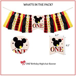 Mickey Mouse Party Supplies - Boys 1st Birthday Party Supplies Pack, Includes a Mickey Themed Birthday Banner, a Hand Made High Chair Banner, a Birthday Cake Topper, 15 Latex Balloons, 5 Confetti Baloons, 6 Tissue Balls, a Hand Made Cronw, a Welcome Sign,