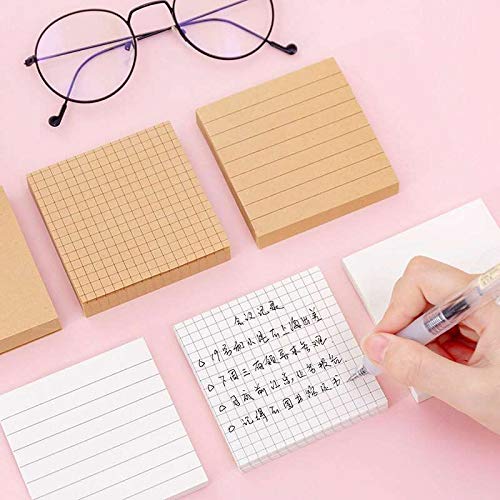 DzdzCrafts Kraft Paper and White Blank Lined Grids Pages 6-Packs 480 Sheets Sticky Notes Notepads Self-Stick Memo Pads