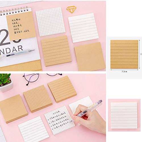 DzdzCrafts Kraft Paper and White Blank Lined Grids Pages 6-Packs 480 Sheets Sticky Notes Notepads Self-Stick Memo Pads