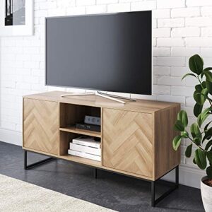 nathan james dylan media console cabinet or tv stand with doors for hidden storage in a natural reclaimed herringbone wood pattern and metal, oak/matte black