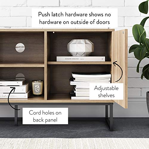 Nathan James Dylan Media Console Cabinet or TV Stand with Doors for Hidden Storage in a Natural Reclaimed Herringbone Wood Pattern and Metal, Oak/Matte Black