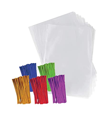 Purple Q Crafts Clear Plastic Cellophane Bags with 4" Colored Twist Ties for Gifts Party Favors (4"x6", 200 Pack)