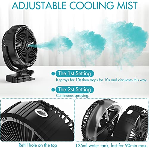 COMLIFE Portable Misting Fan, 10000mAh Rechargeable Battery Operated Fan, 8INCH Clip on Fan, 360° Rotatable Outdoor Fan, 3 Speeds with Timer for Home Office Camping Golf Cart RV Car Jobsite More