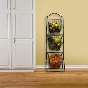 Gourmet Basics by Mikasa Rio 3-Tier Metal Floor Standing Fruit Storage Basket with Removable Wheels, 47.75-Inch, Black