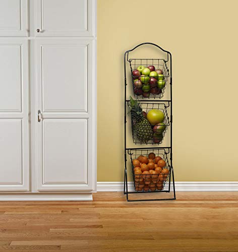 Gourmet Basics by Mikasa Rio 3-Tier Metal Floor Standing Fruit Storage Basket with Removable Wheels, 47.75-Inch, Black