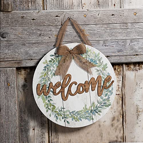 Barnyard Designs Rustic Wood Hanging Welcome Sign for Front Door or Covered Outdoor Porch, Farmhouse Home Decor, White 12” x 12”