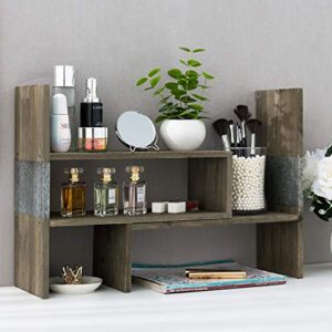 MyGift Rustic Brown Wood Desktop Shelf - Wooden Reclaimed Style and Galvanized Metal Adjustable Desk Bookcase Display Organizer