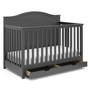 storkcraft moss 5-in-1 convertible crib with drawer (gray) – greenguard gold certified, crib with drawer combo, includes full-size nursery storage drawer, converts to toddler bed and full-size bed