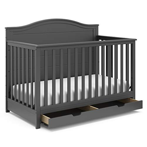 Storkcraft Moss 5-in-1 Convertible Crib with Drawer (Gray) – GREENGUARD Gold Certified, Crib with Drawer Combo, Includes Full-Size Nursery Storage Drawer, Converts to Toddler Bed and Full-Size Bed