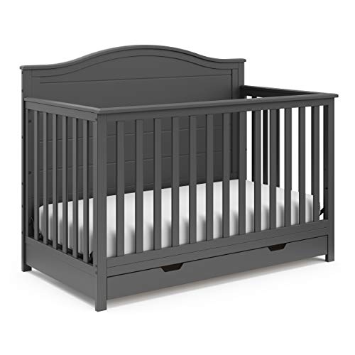 Storkcraft Moss 5-in-1 Convertible Crib with Drawer (Gray) – GREENGUARD Gold Certified, Crib with Drawer Combo, Includes Full-Size Nursery Storage Drawer, Converts to Toddler Bed and Full-Size Bed