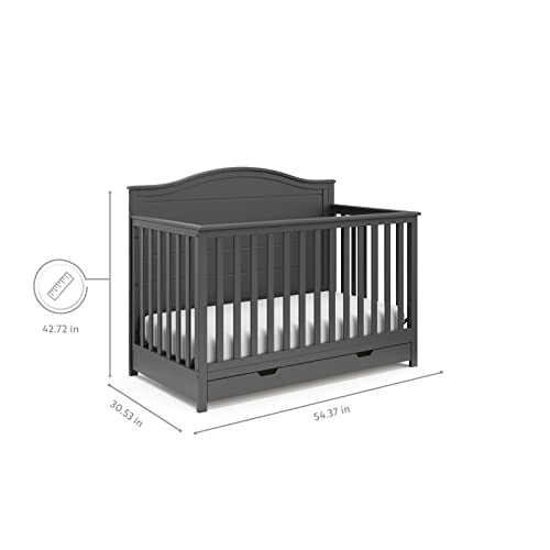 Storkcraft Moss 5-in-1 Convertible Crib with Drawer (Gray) – GREENGUARD Gold Certified, Crib with Drawer Combo, Includes Full-Size Nursery Storage Drawer, Converts to Toddler Bed and Full-Size Bed