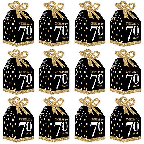 Big Dot of Happiness Adult 70th Birthday - Gold - Square Favor Gift Boxes - Birthday Party Bow Boxes - Set of 12