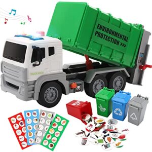 12" garbage truck toys trash truck recycle truck with sound and light, friction powered truck with 4 garbage cans, push and go pull back car, environmental education toys, birthday gift for boys