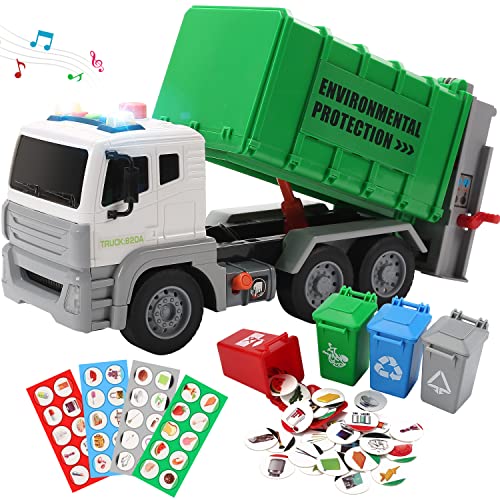 12" Garbage Truck Toys Trash Truck Recycle Truck with Sound and Light, Friction Powered Truck with 4 Garbage Cans, Push and Go Pull Back Car, Environmental Education Toys, Birthday Gift for Boys