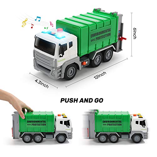 12" Garbage Truck Toys Trash Truck Recycle Truck with Sound and Light, Friction Powered Truck with 4 Garbage Cans, Push and Go Pull Back Car, Environmental Education Toys, Birthday Gift for Boys