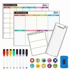 4 pack dry erase 2023 magnetic white board calendar kit, feela monthly weekly calendar for wall refrigerator, office supplies with 8 magnetic erase markers, 1 eraser, 10 stickers for schedule