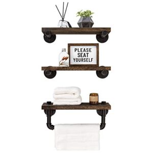 mkono floating shelves with industrial pipe brackets and towel bar, set of 3 rustic bathroom shelf wall mounted shelves wood storage shelving home decor for bedroom kitchen living room