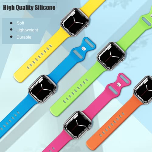 [5 PACK] STG Sport Watch Band Compatible with Apple Watch Band 38mm 40mm 41mm 42mm 44mm 45mm 49mm Soft Silicone Replacement Sport Strap Compatible for iWatch Ultra SE Series 8/7/6/5/4/3/2/1 (38mm/40mm/41mm S/M, 5 PACK A - Orange/Hot Pink/Apple Green/Surf