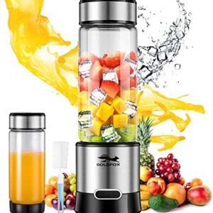 GOLDFOX Portable Blender, USB Rechargeable Personal Blender for Shakes and Smoothies, 15oz Detachable Portable Juicer Cup Small Fruit Juice Mixer for Travel, Gym, Office, etc. (with Brush)