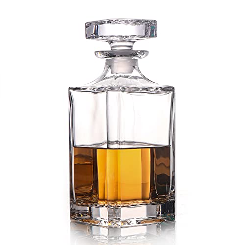 Glass Decanter with Airtight Geometric Stopper - Whiskey Decanter for Wine, Bourbon, Brandy, Liquor, Juice, Water, Mouthwash. Italian Lead-Free Glass (25.97 oz/768ml)